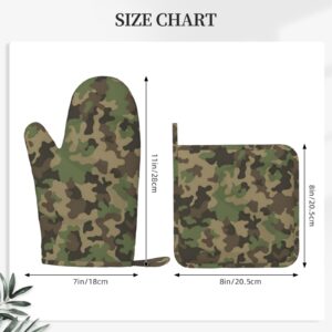 Green Camo Silicone Oven Mitts Pot Holder Sets 2pcs Cute Design Washable Non Slip Kitchen Heat Resistant Mat Women's Cooking Gloves for Baking and BBQ Wear