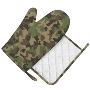 Green Camo Silicone Oven Mitts Pot Holder Sets 2pcs Cute Design Washable Non Slip Kitchen Heat Resistant Mat Women's Cooking Gloves for Baking and BBQ Wear