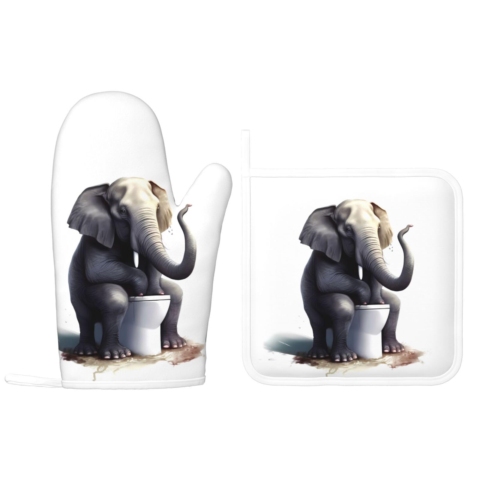 Oven Mitts Pot Holders Sets Funny Elephant Silicone Oven Gloves Sitting Kitchen Accessories for Baking Cooking Family Gathering