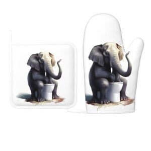 Oven Mitts Pot Holders Sets Funny Elephant Silicone Oven Gloves Sitting Kitchen Accessories for Baking Cooking Family Gathering