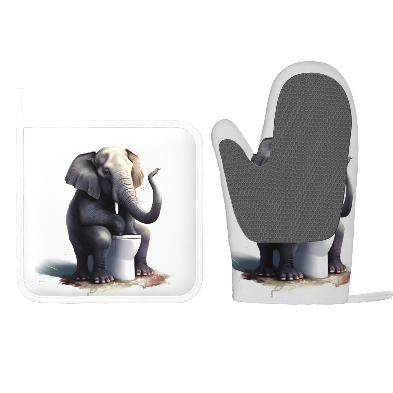 Oven Mitts Pot Holders Sets Funny Elephant Silicone Oven Gloves Sitting Kitchen Accessories for Baking Cooking Family Gathering