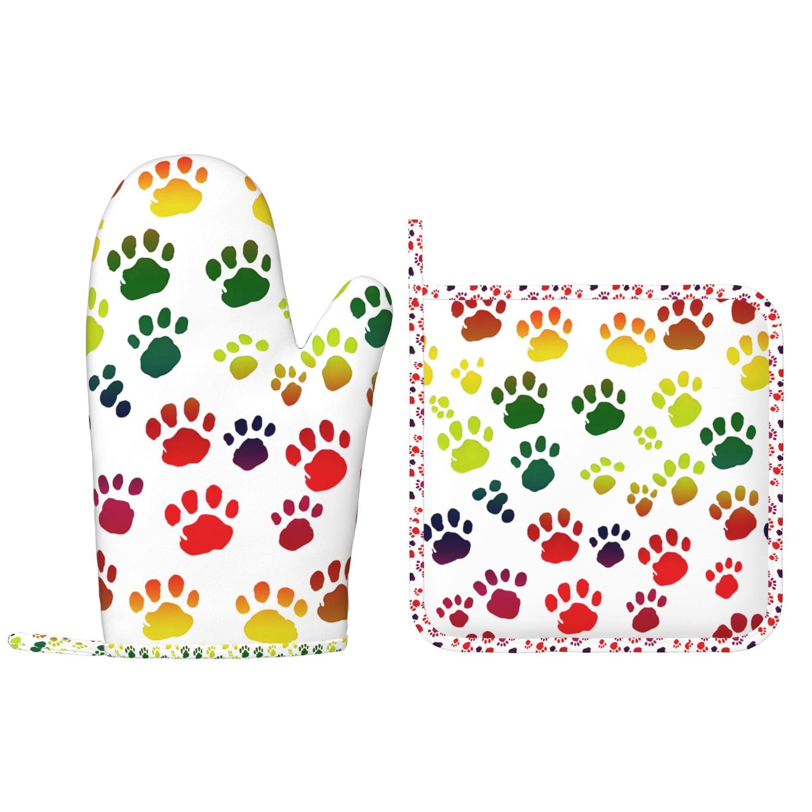 Oven Mitts Pot Holders Sets Cute Dog Paw Prints Silicone Oven Gloves Colorful Kitchen Accessories for Baking Cooking Dining