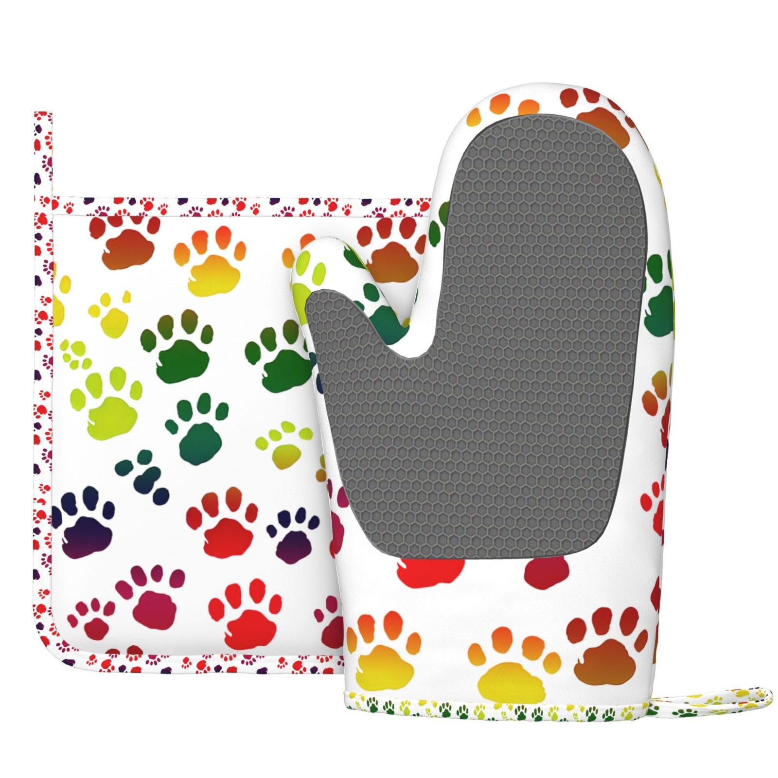 Oven Mitts Pot Holders Sets Cute Dog Paw Prints Silicone Oven Gloves Colorful Kitchen Accessories for Baking Cooking Dining