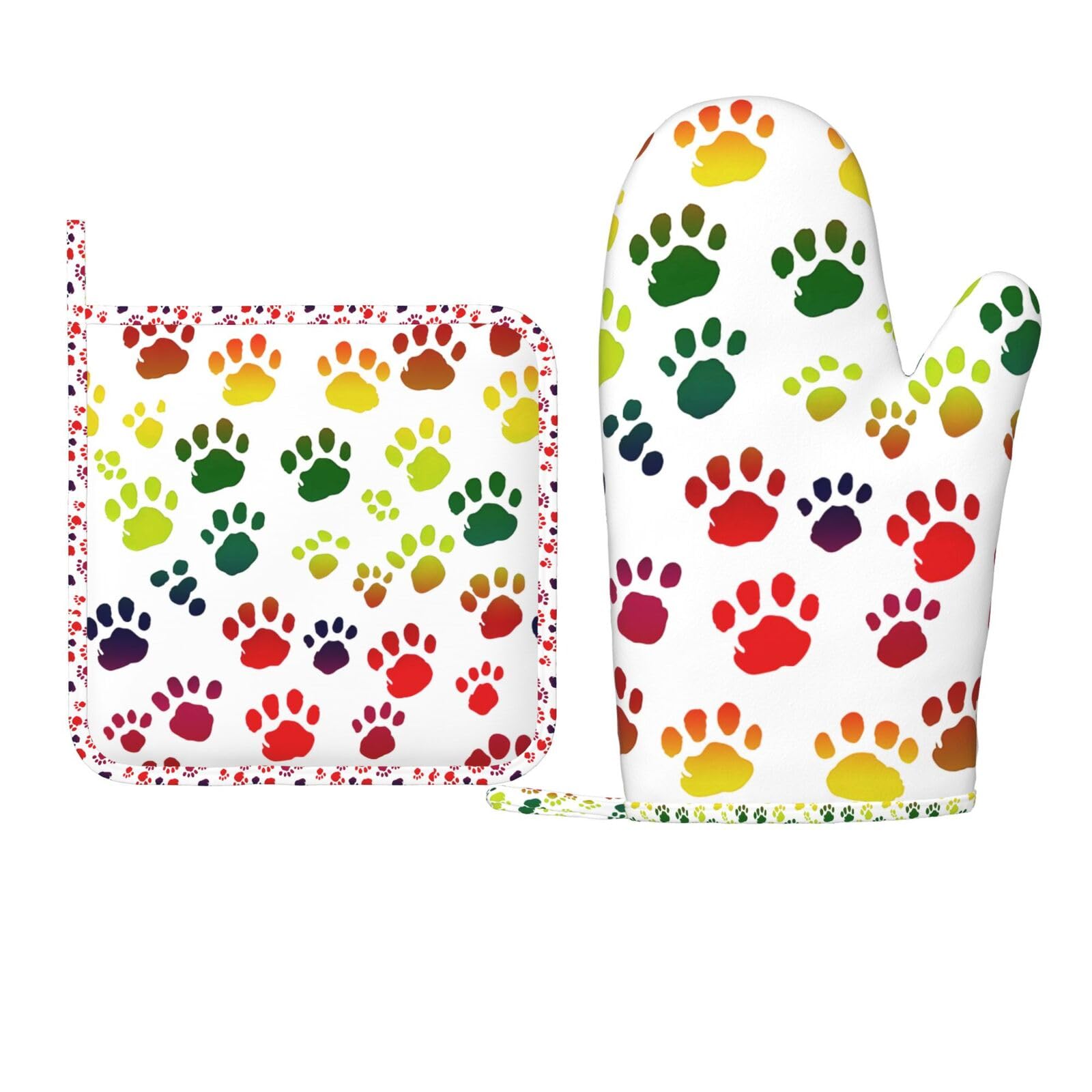 Oven Mitts Pot Holders Sets Cute Dog Paw Prints Silicone Oven Gloves Colorful Kitchen Accessories for Baking Cooking Dining