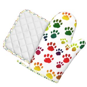 Oven Mitts Pot Holders Sets Cute Dog Paw Prints Silicone Oven Gloves Colorful Kitchen Accessories for Baking Cooking Dining