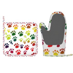 Oven Mitts Pot Holders Sets Cute Dog Paw Prints Silicone Oven Gloves Colorful Kitchen Accessories for Baking Cooking Dining