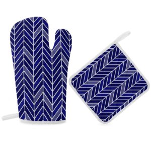 2pcs oven mitts and pot holders set, chevron narrow navy blue oven mitts gloves set heat resistant hot pads for kitchen cooking grill