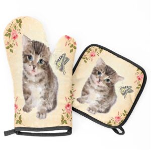 vintage rose butterfly cat oven mitts and pot holders sets of 2 heat resistant non-slip kitchen gloves hot pads with inner cotton layer for cooking bbq baking grilling