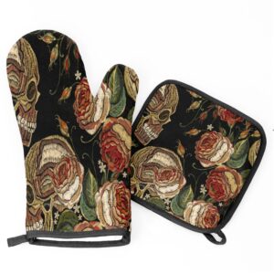 embroidery skull roses flowers oven mitts and pot holders sets of 2 heat resistant non-slip kitchen gloves hot pads with inner cotton layer for cooking bbq baking grilling