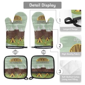 Enjoy Summer Camping Oven Mitts and Pot Holders Sets of 2 Heat Resistant Non-Slip Kitchen Gloves Hot Pads with Inner Cotton Layer for Cooking BBQ Baking Grilling