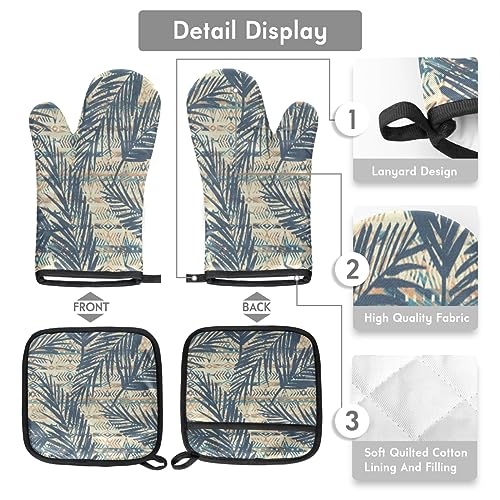 Vintage Tropical Plants Oven Mitts and Pot Holders Sets Kitchen Oven Mitts Heat Resistant Non-Slip Potholders Oven Gloves and Hot Pads for BBQ Cooking Grilling Baking