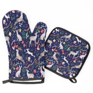 christmas deer oven mitts and pot holders sets of 2 heat resistant non-slip kitchen gloves hot pads with inner cotton layer for cooking bbq baking grilling