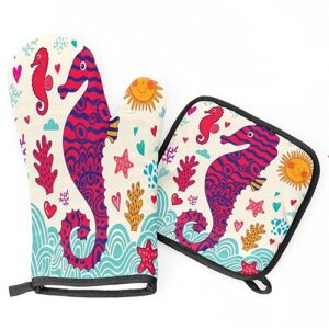 cartoon marine seahorse love coral oven mitts and pot holders sets of 2 heat resistant non-slip kitchen gloves hot pads with inner cotton layer for cooking bbq baking grilling