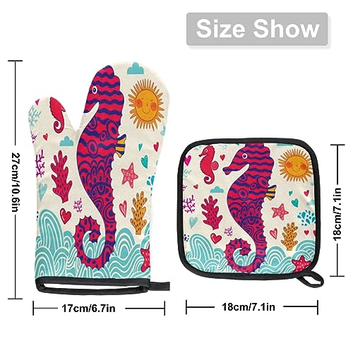 Cartoon Marine Seahorse Love Coral Oven Mitts and Pot Holders Sets of 2 Heat Resistant Non-Slip Kitchen Gloves Hot Pads with Inner Cotton Layer for Cooking BBQ Baking Grilling