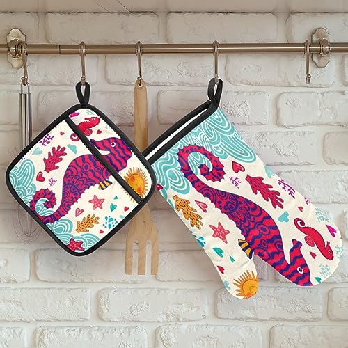 Cartoon Marine Seahorse Love Coral Oven Mitts and Pot Holders Sets of 2 Heat Resistant Non-Slip Kitchen Gloves Hot Pads with Inner Cotton Layer for Cooking BBQ Baking Grilling