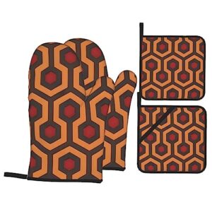 shining overlook oven mitt and pan cover set, 4 piece set for kitchen cooking, baking and microwave, kitchen accessories.