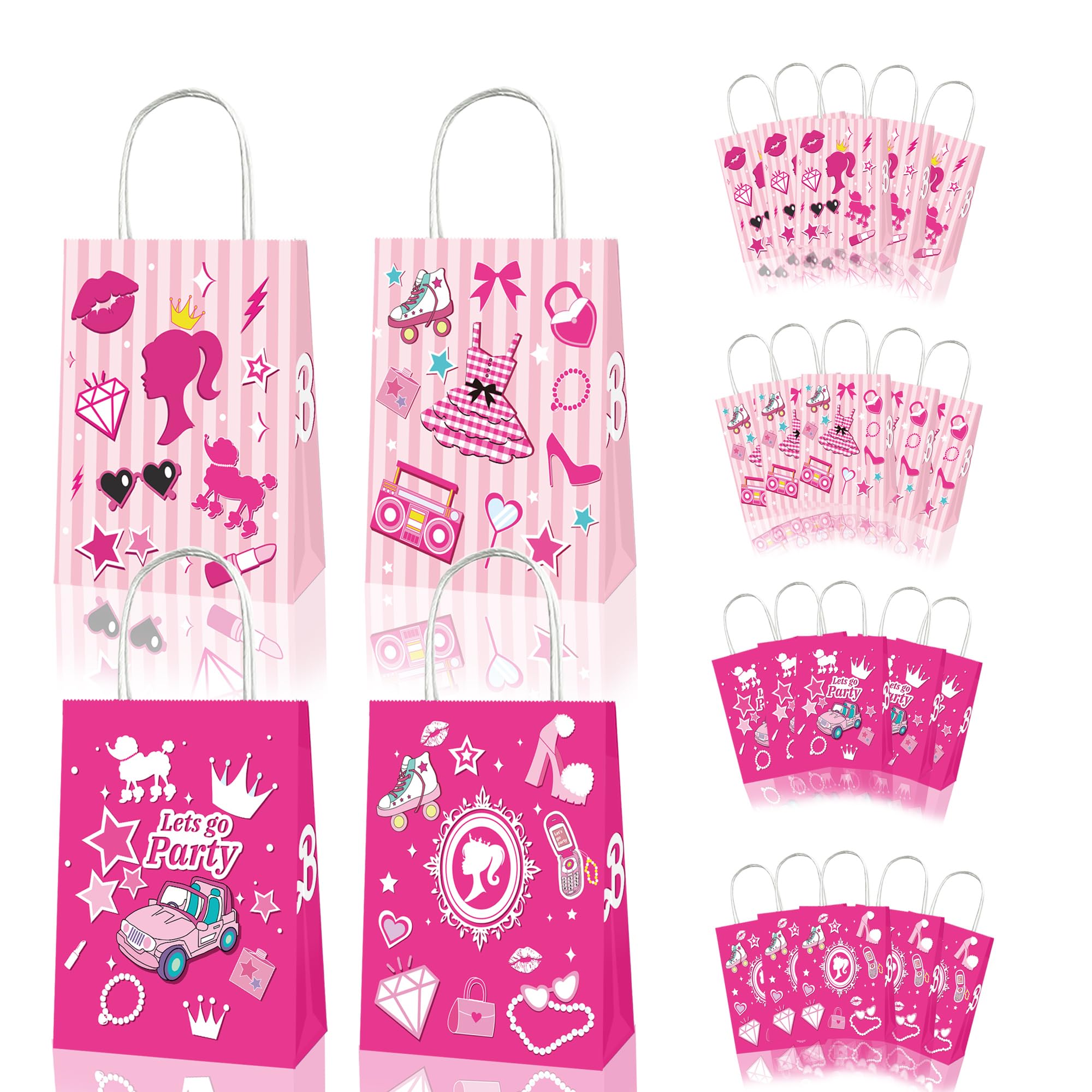 Aoerfes 12 Pieces Pink Girl Party Bags, Princess Gift Bags Candy Goodie Treat Hot Pink Party Favors Bags with Handles for Girls Princess Theme Party Decoration Birthday Supplies