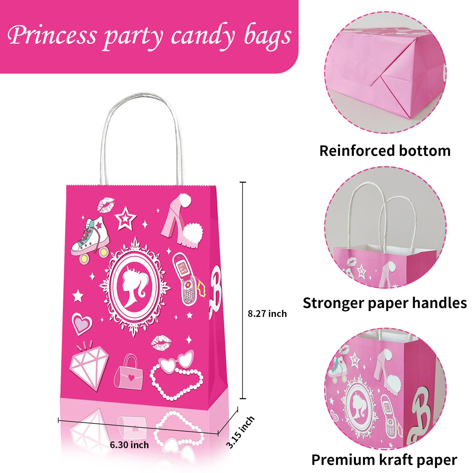 Aoerfes 12 Pieces Pink Girl Party Bags, Princess Gift Bags Candy Goodie Treat Hot Pink Party Favors Bags with Handles for Girls Princess Theme Party Decoration Birthday Supplies