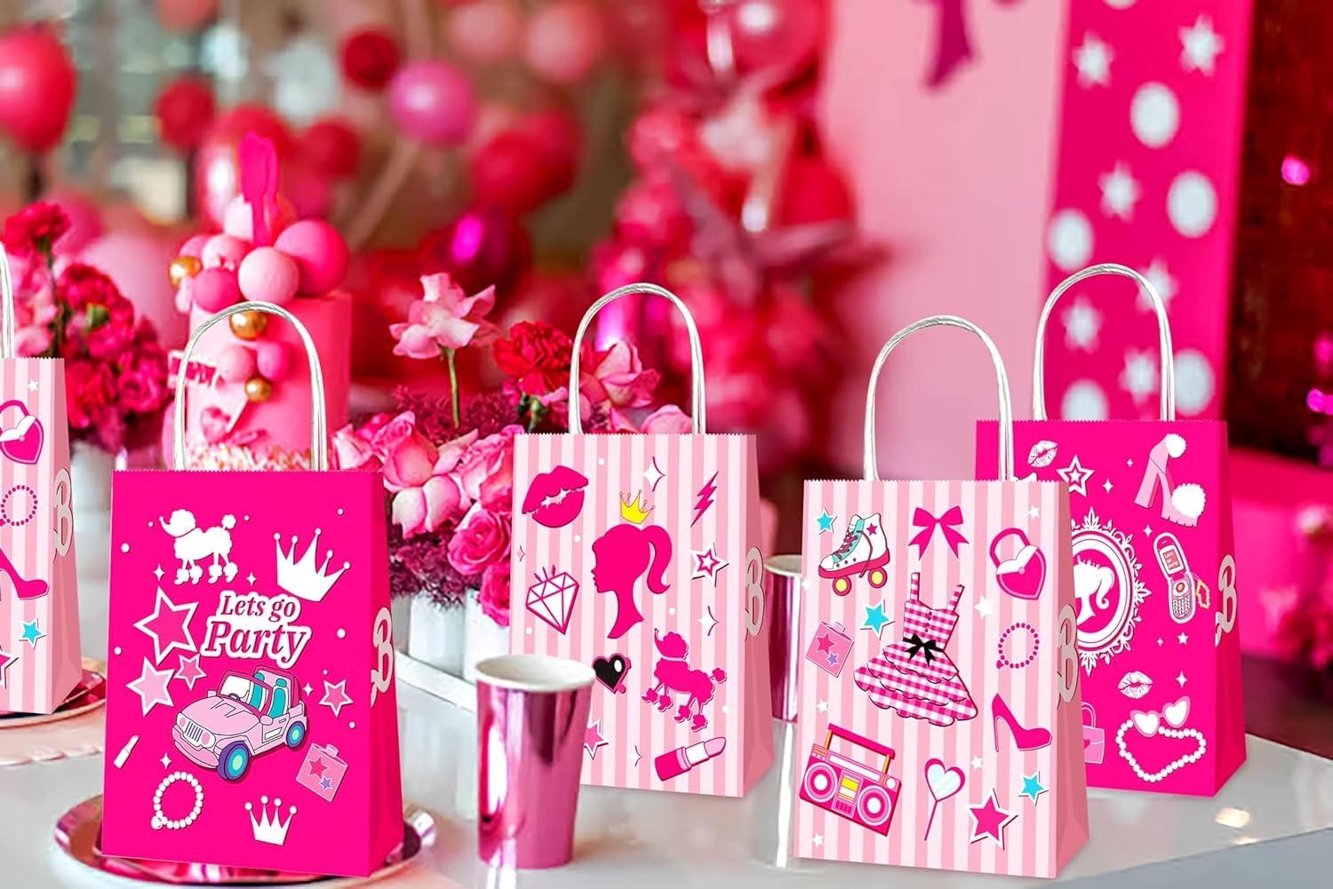 Aoerfes 12 Pieces Pink Girl Party Bags, Princess Gift Bags Candy Goodie Treat Hot Pink Party Favors Bags with Handles for Girls Princess Theme Party Decoration Birthday Supplies