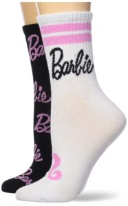 barbie womens 2 pack mid crew casual sock, white black multi, 9-11 us