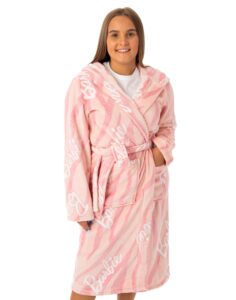 barbie womens hooded bathrobe | ladies pink all over print dressing gown | fashion wave print fleece loungewear bathrobe