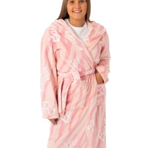 Barbie Womens Hooded Bathrobe | Ladies Pink All over Print Dressing Gown | Fashion Wave Print Fleece Loungewear Bathrobe