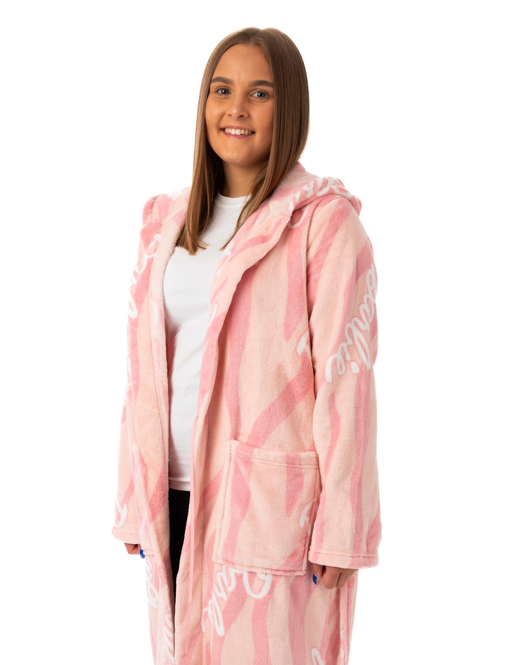 Barbie Womens Hooded Bathrobe | Ladies Pink All over Print Dressing Gown | Fashion Wave Print Fleece Loungewear Bathrobe