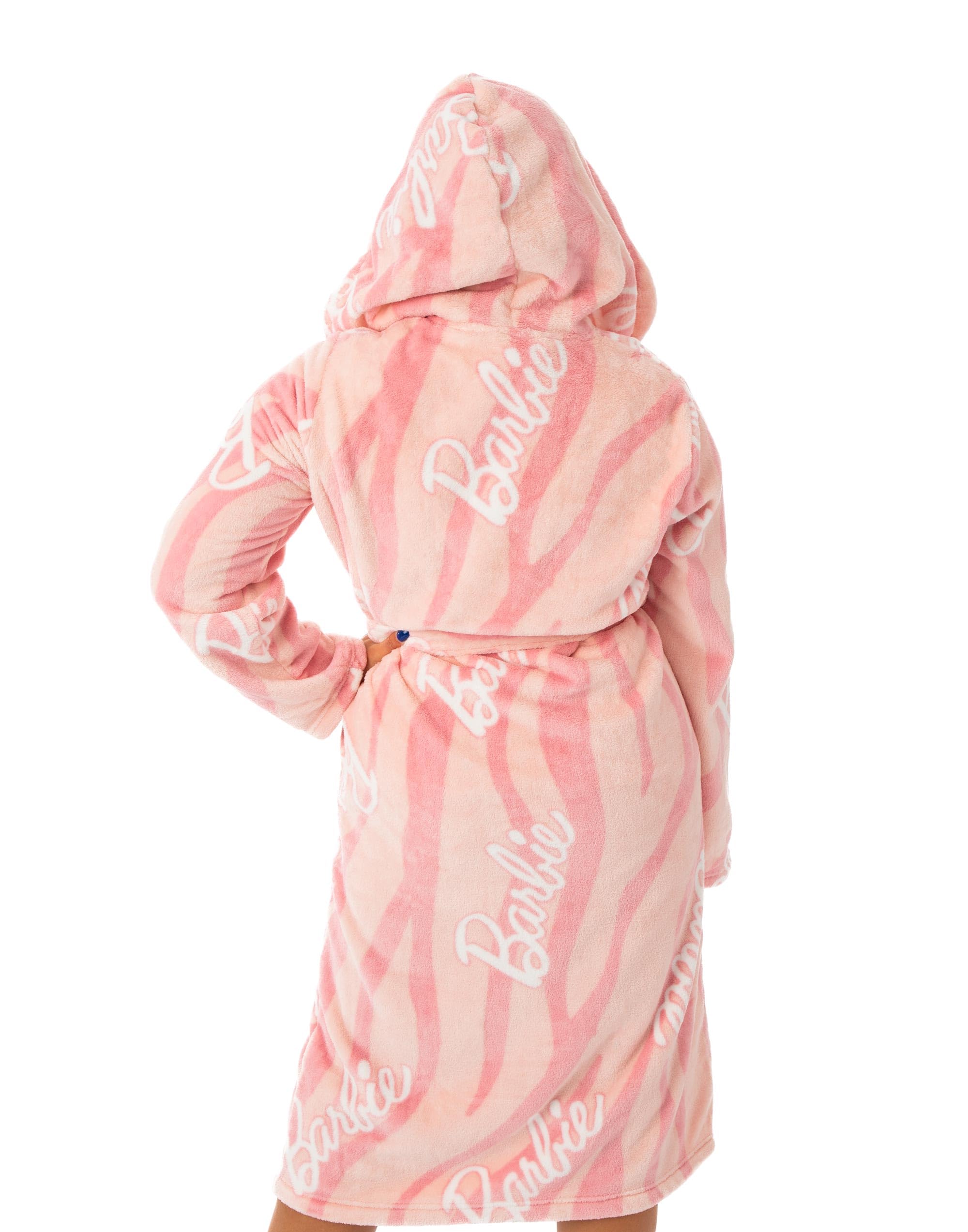 Barbie Womens Hooded Bathrobe | Ladies Pink All over Print Dressing Gown | Fashion Wave Print Fleece Loungewear Bathrobe