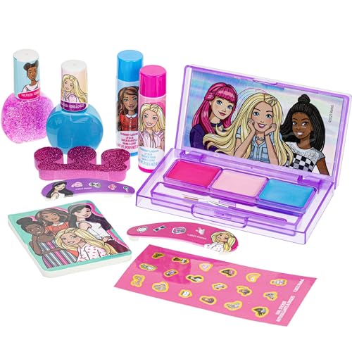 Barbie - Townley Girl Makeup Filled Backpack Set with 12 Pieces, Including Lip Balm, Nail Polish, Nail File, Hair Bows, and Other Accessories, Ages 3+ for Parties, Sleepovers and Makeovers