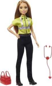 barbie paramedic petite fashion doll, with brunette hair, stethoscope, medical bag & accessories