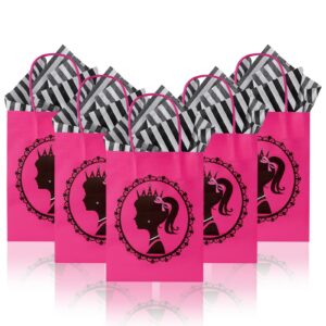 xuwaidsgn hot pink girls party favor gift bags with stripe tissue paper princess paper goodie bags with handles cute treat bags for birthday theme party girls party (24)