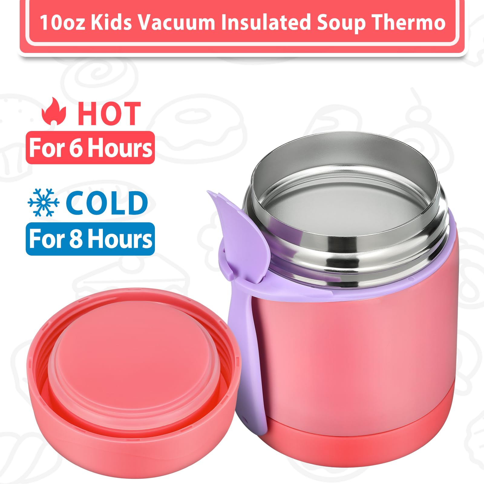 10oz Soup Thermo for Hot Food Kids,Lunch Thermo Kids Food Jar with Spoon Hot Insulated Food Containers,Leak Proof Stainless Steel Wide Mouth Lunch Food Thermo Jar for School(Pink)