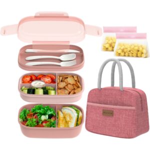 jbgoyon® bento lunch box set - 3 stackable containers for adults and kids- includes lunch bag, leak-proof and bpa-free - built-in utensil set and snack bag - dishwasher safe (pink)