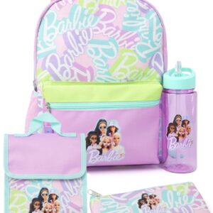 Barbie Girls 4 Piece Backpack Set | Kids Multicolor Rucksack Bundle with School Bag, Pencil Case, Lunch Bag & Water Bottle