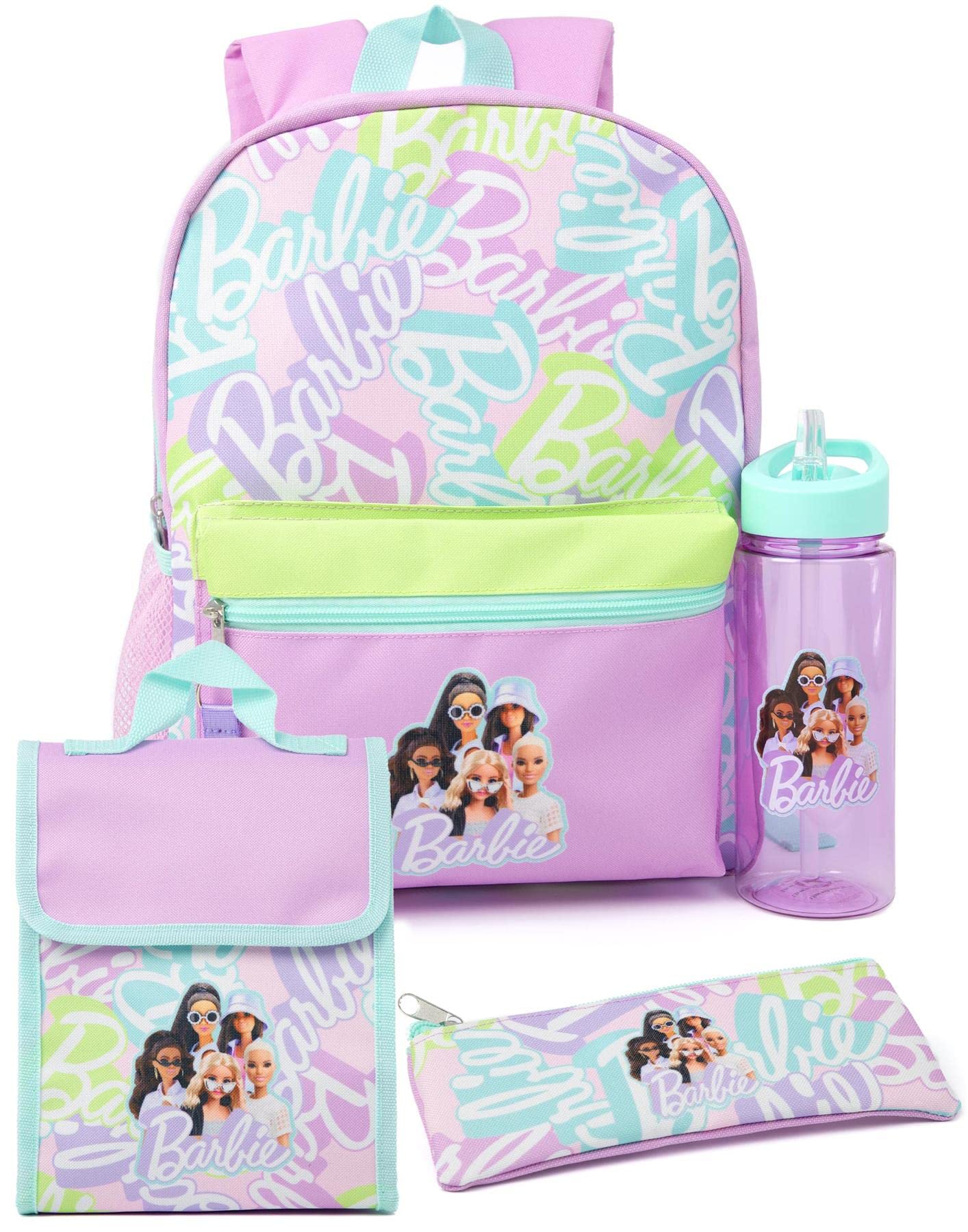 Barbie Girls 4 Piece Backpack Set | Kids Multicolor Rucksack Bundle with School Bag, Pencil Case, Lunch Bag & Water Bottle