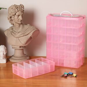 Sooyee 7 Layers Stackable Storage Container, 70 Adjustable Compartments Stackable Storage Container for Kids Toys, Art Crafts, Jewelry, Supplies, Mini Case & Letter Sticker Included,Pink