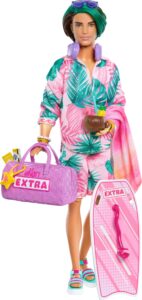 barbie extra fly ken doll with beach-themed travel clothes & accessories, tropical outfit with boogie board & duffel bag