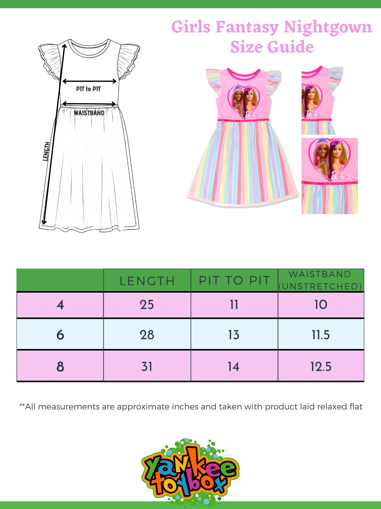 Barbie Girl's Rainbow Dress Up Fantasy Gown Nightgown Pajamas (6, Pink)