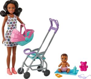 barbie skipper babysitters inc playset with brunette doll, stroller, baby doll & 5 accessories, remove stroller seat for carrier