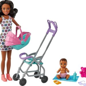 Barbie Skipper Babysitters Inc Playset with Brunette Doll, Stroller, Baby Doll & 5 Accessories, Remove Stroller Seat for Carrier