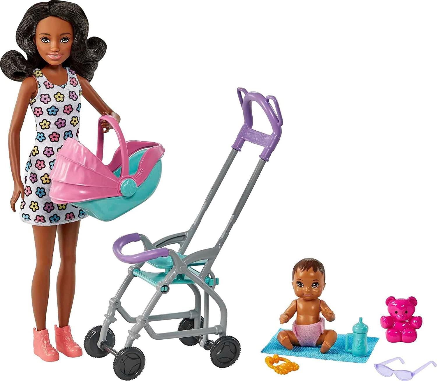 Barbie Skipper Babysitters Inc Playset with Brunette Doll, Stroller, Baby Doll & 5 Accessories, Remove Stroller Seat for Carrier