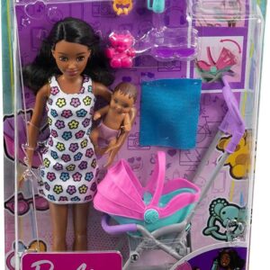 Barbie Skipper Babysitters Inc Playset with Brunette Doll, Stroller, Baby Doll & 5 Accessories, Remove Stroller Seat for Carrier