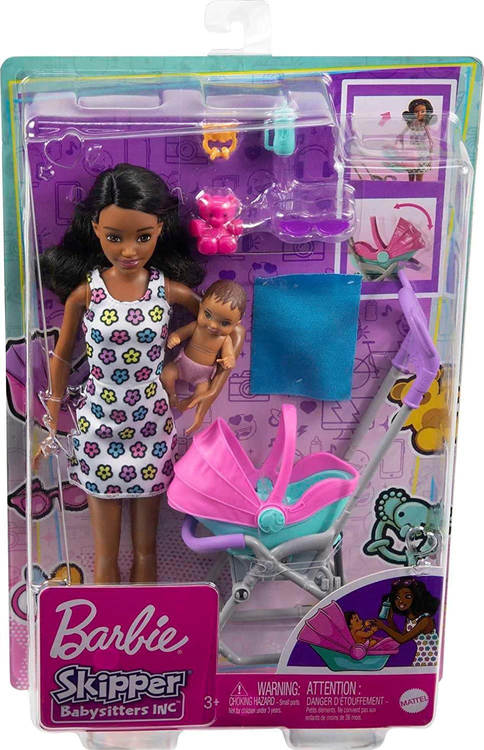 Barbie Skipper Babysitters Inc Playset with Brunette Doll, Stroller, Baby Doll & 5 Accessories, Remove Stroller Seat for Carrier