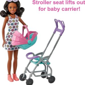 Barbie Skipper Babysitters Inc Playset with Brunette Doll, Stroller, Baby Doll & 5 Accessories, Remove Stroller Seat for Carrier