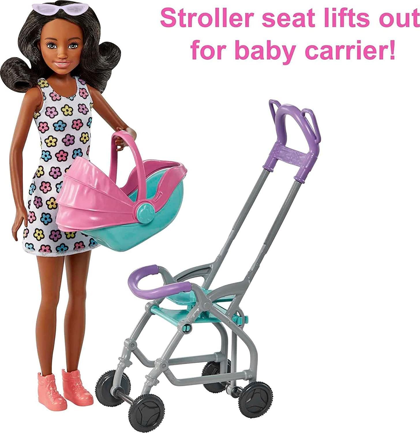 Barbie Skipper Babysitters Inc Playset with Brunette Doll, Stroller, Baby Doll & 5 Accessories, Remove Stroller Seat for Carrier