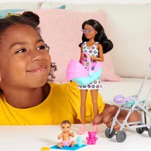 Barbie Skipper Babysitters Inc Playset with Brunette Doll, Stroller, Baby Doll & 5 Accessories, Remove Stroller Seat for Carrier