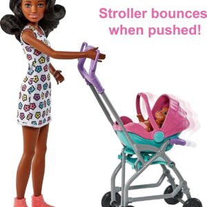 Barbie Skipper Babysitters Inc Playset with Brunette Doll, Stroller, Baby Doll & 5 Accessories, Remove Stroller Seat for Carrier