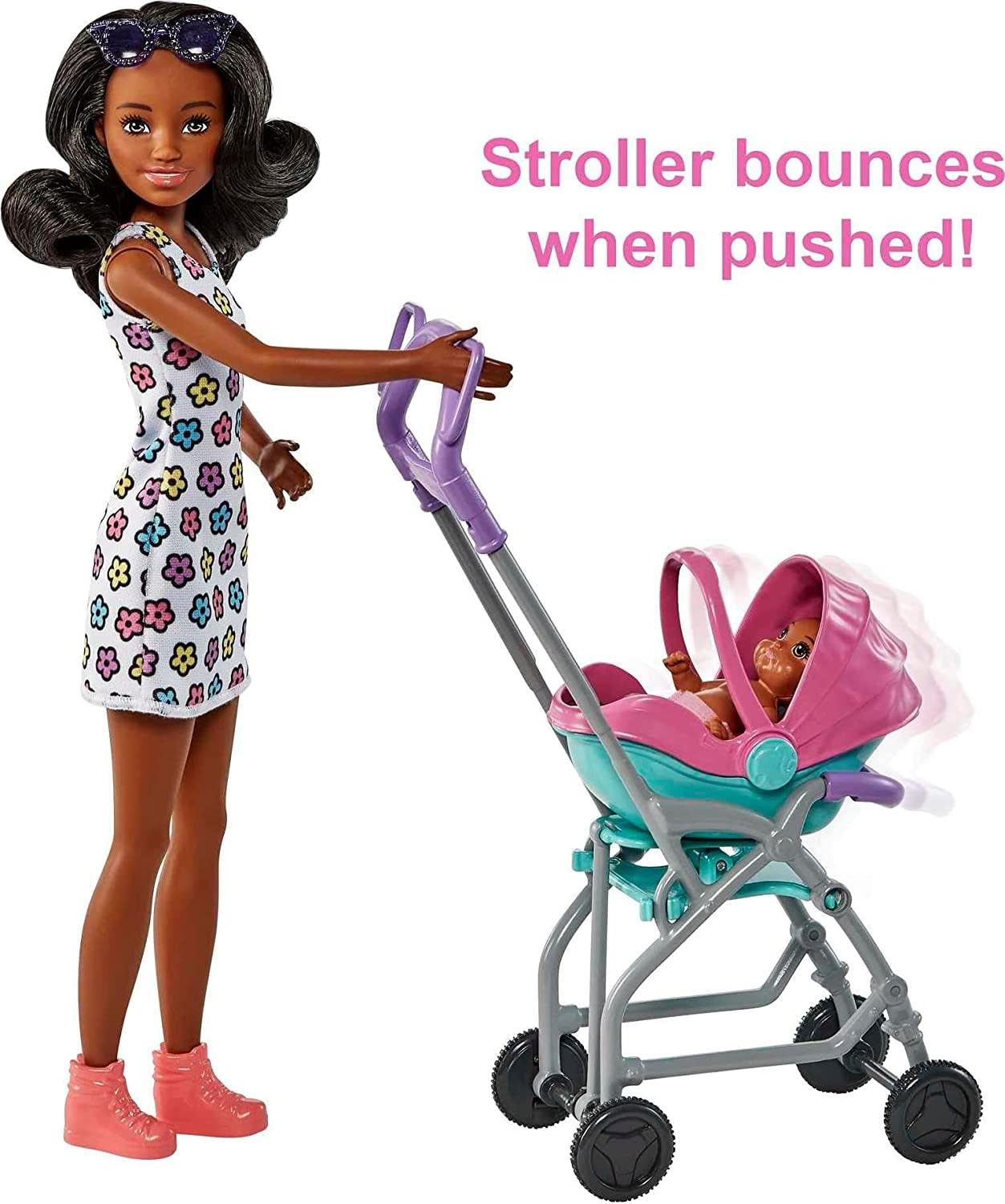 Barbie Skipper Babysitters Inc Playset with Brunette Doll, Stroller, Baby Doll & 5 Accessories, Remove Stroller Seat for Carrier