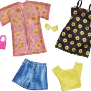 Barbie Fashions 2-Pack Clothing Set, 2 Outfits Doll Include Shirt, Shorts & Kimono, Sleeveless Sunflower Dress & 2 Accessories