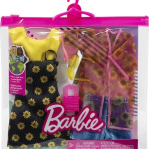 Barbie Fashions 2-Pack Clothing Set, 2 Outfits Doll Include Shirt, Shorts & Kimono, Sleeveless Sunflower Dress & 2 Accessories